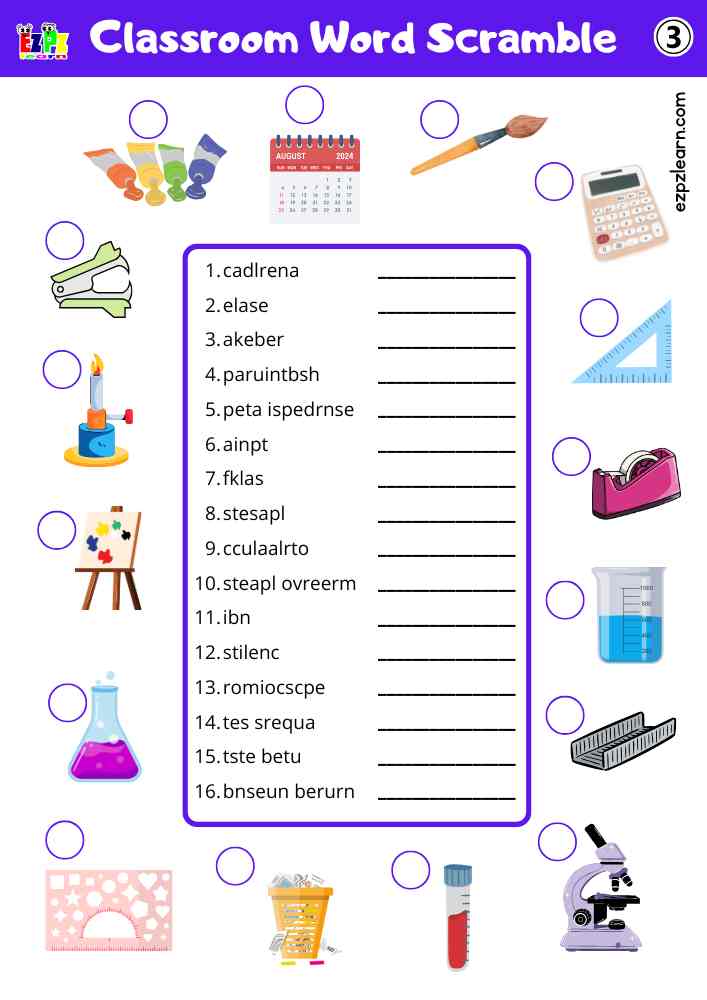 Classroom Objects Word Scramble Worksheet – Unscramble the Words Free Pdf Set 3 - Ezpzlearn.com